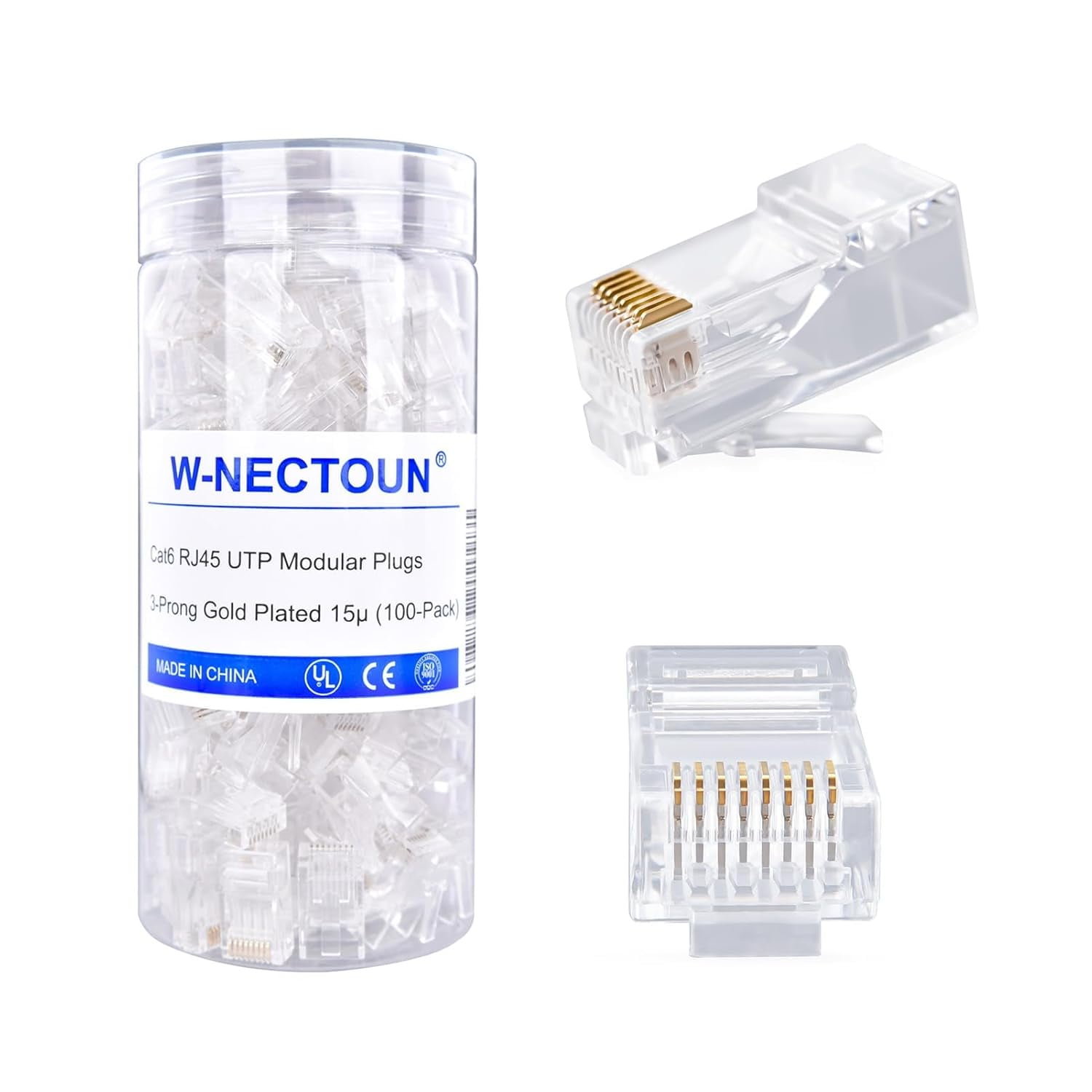 100-PACK Cat6 RJ45 Modular Plug,3-Prong Gold Plated 15μ (Cat6 Ends,Cat ...