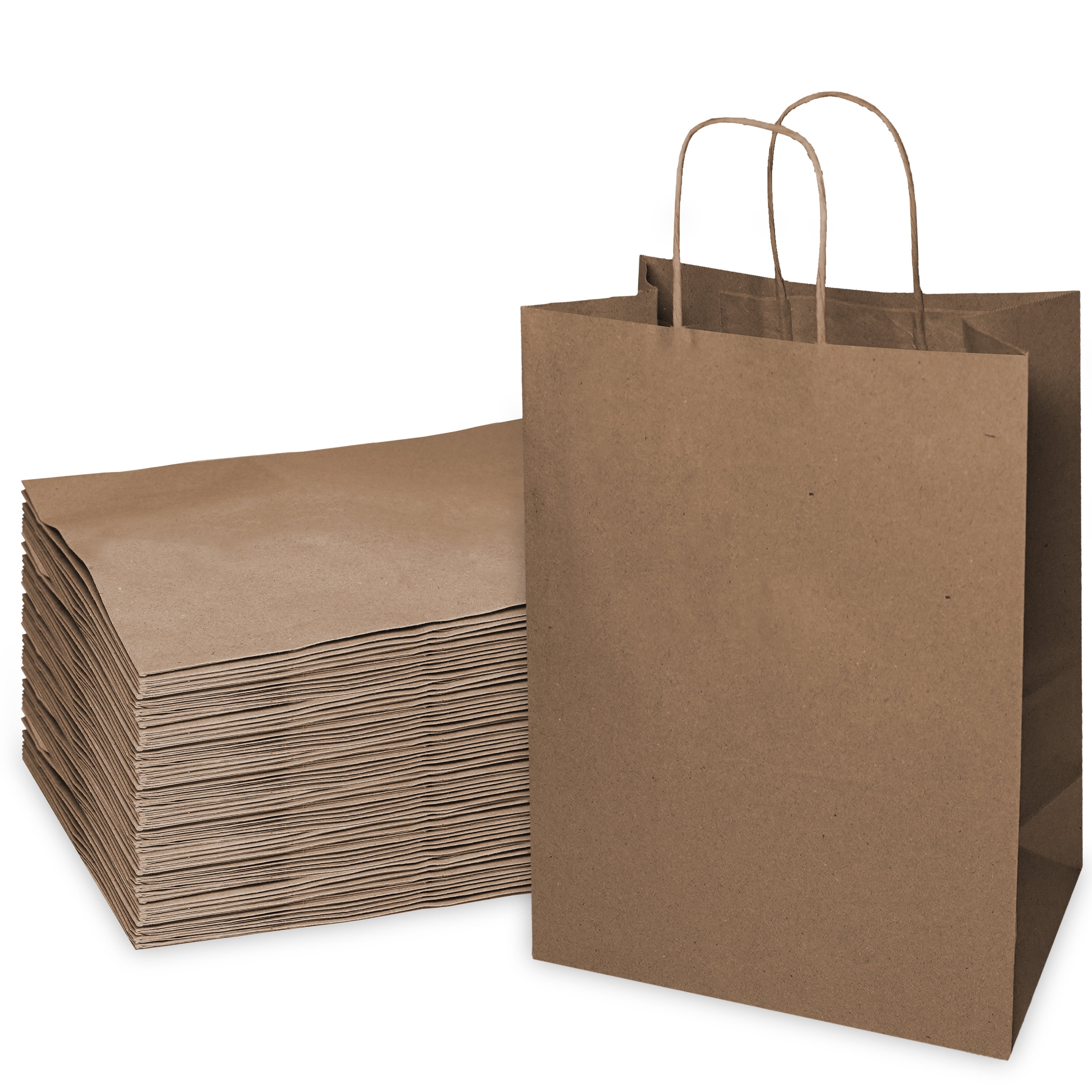 EcoQuality 100 Pack Kraft Paper Bags with Handles, Shopping, Gift ...