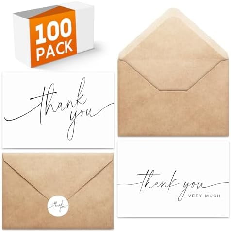 100 PACK Thank You Cards Bulk with Kraft Envelopes and Matching ...