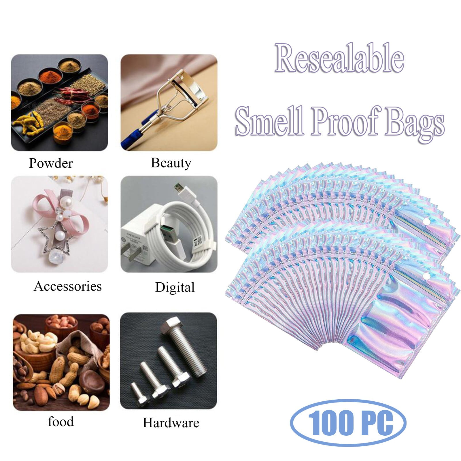 100 PC Resealable Smell Proof Bags Holographic Ziplock Bags Flash ...
