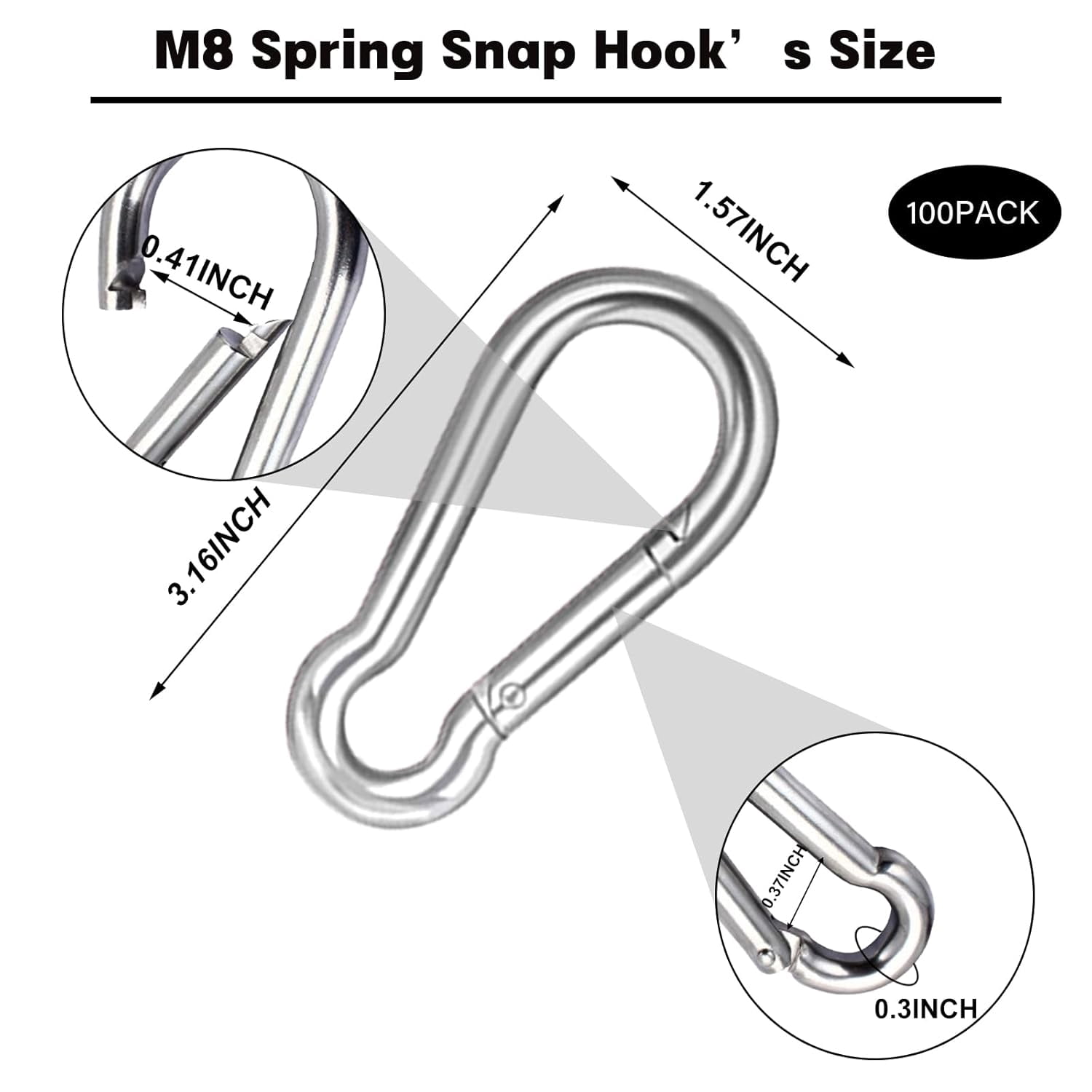 100 PCS 3'' Spring Snap Hook Carabiner, M8 5/16 Inch Galvanized Silver ...