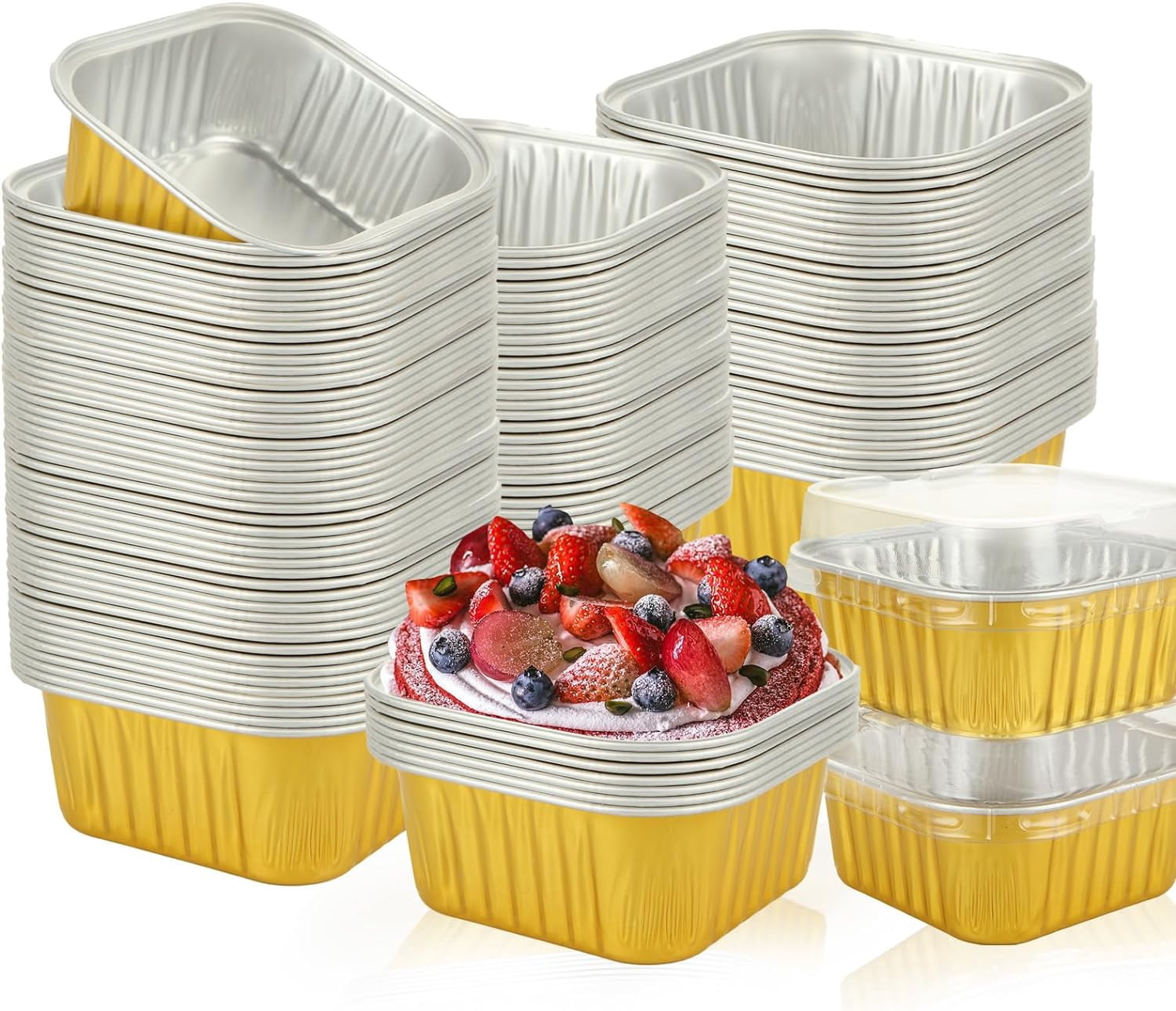 100 PCS 5 oz Mini Square with Lids, Aluminum Foil Cupcake Cups Mini ...
