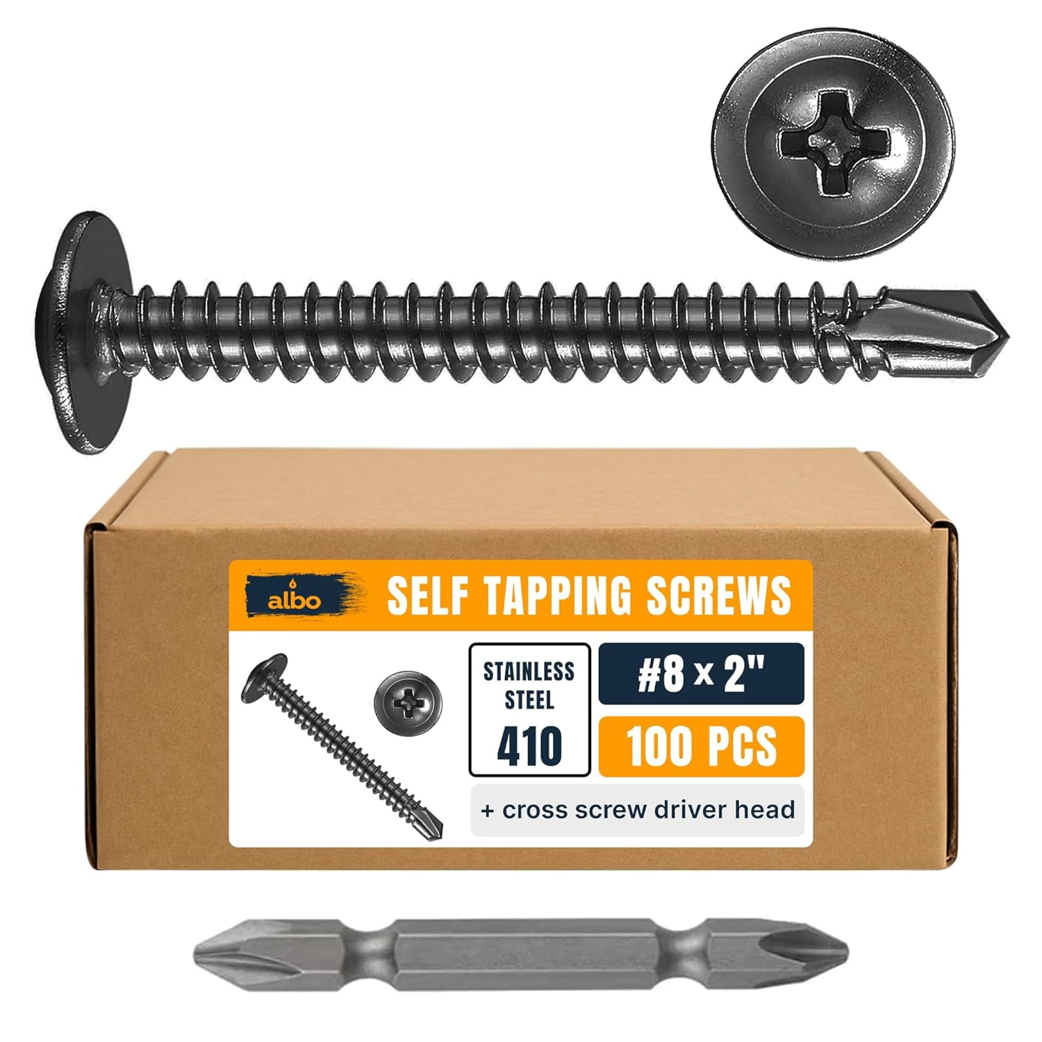 100 PCS, #8 x 2 Black Self Tapping Screws for Metal, Stainless Steel ...
