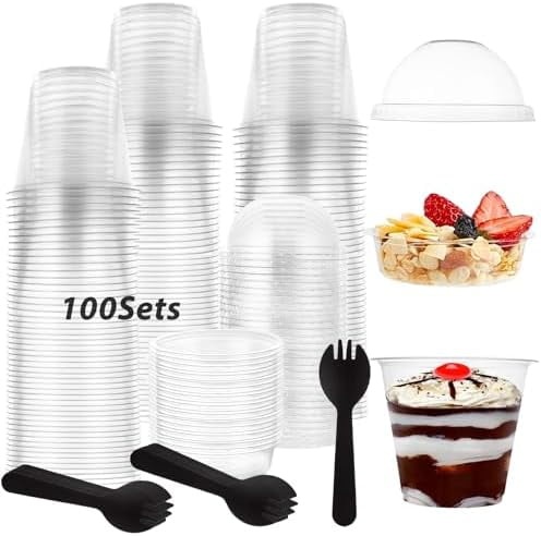 100 PCS 9 Oz Clear Plastic Parfait Cups with Lids Disposable Dessert ...