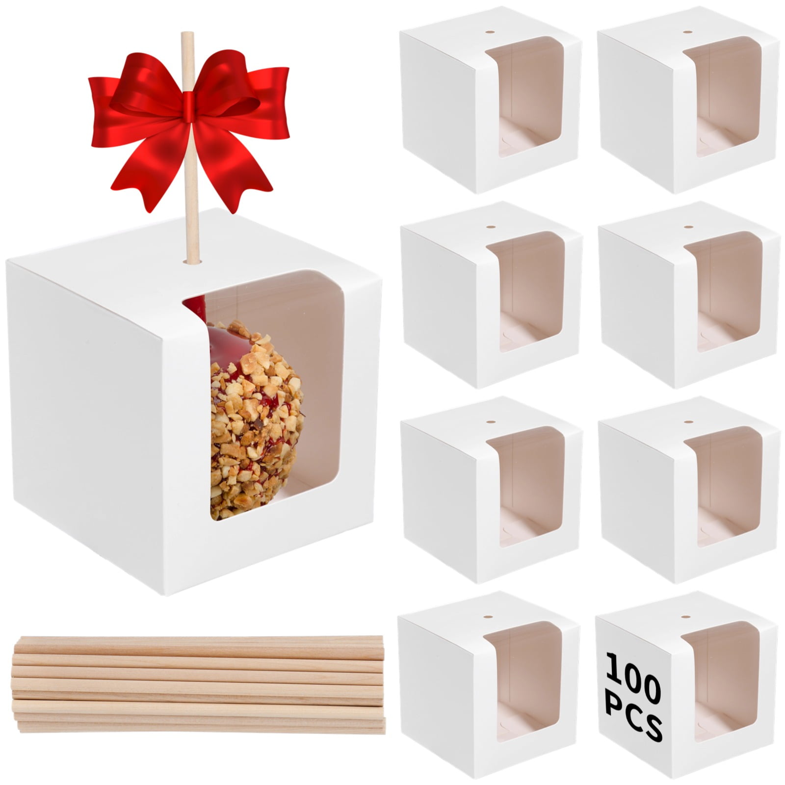 100 PCS Candy Apple Box with Stick, 4 x 4 x 4 Inches Caramel Apple Box ...
