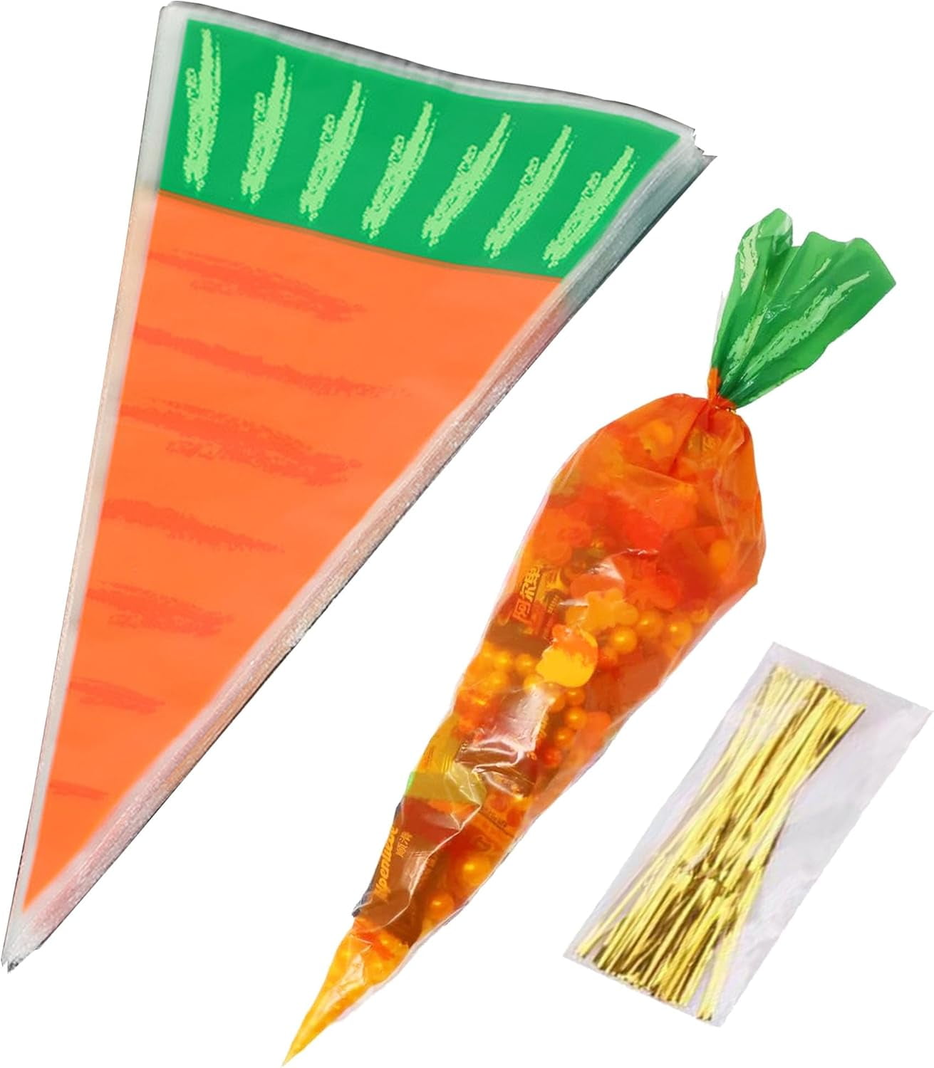 100 PCS Carrot Shaped Treat Bags 16 x 8 Inch Cone Shaped Cellophane ...