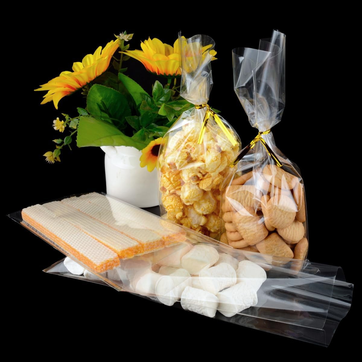 100 PCS Cellophane Bags Clear Candy Bags with 100 PCS Metallic Twist ...