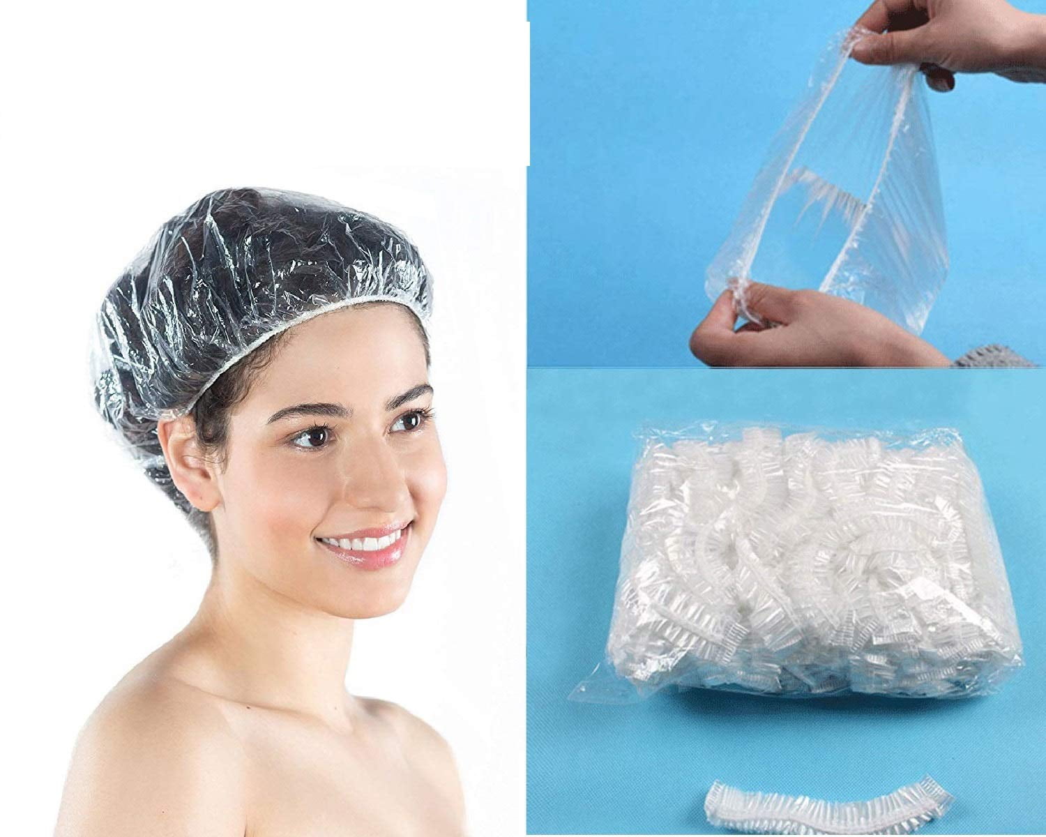 100 PCS Clear Disposable Plastic Shower Caps Large Elastic Thick Bath ...