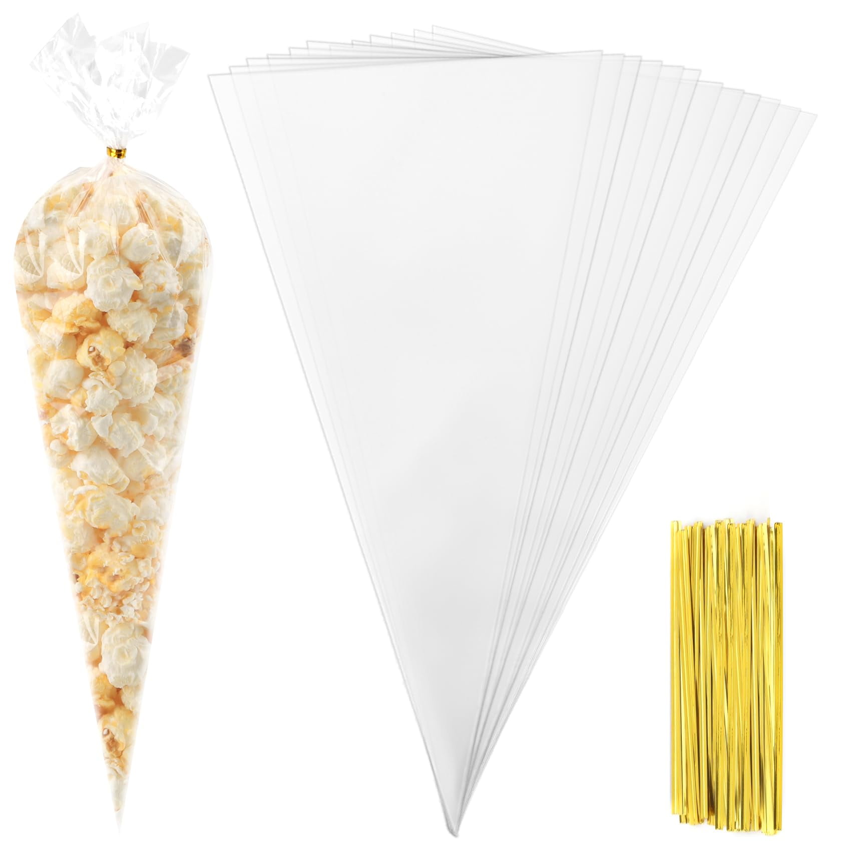 100 PCS Clear Plastic KEF16 Cone Shaped Cellophane with Ties Large ...