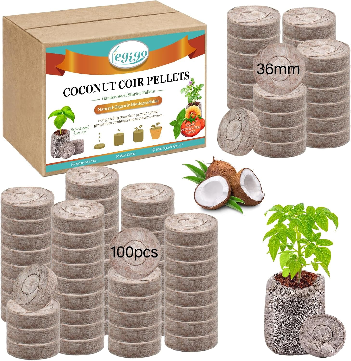 100 PCS Coco Coir Seed Starter Pellets, 35mm Coconut Coir Soil Plugs ...