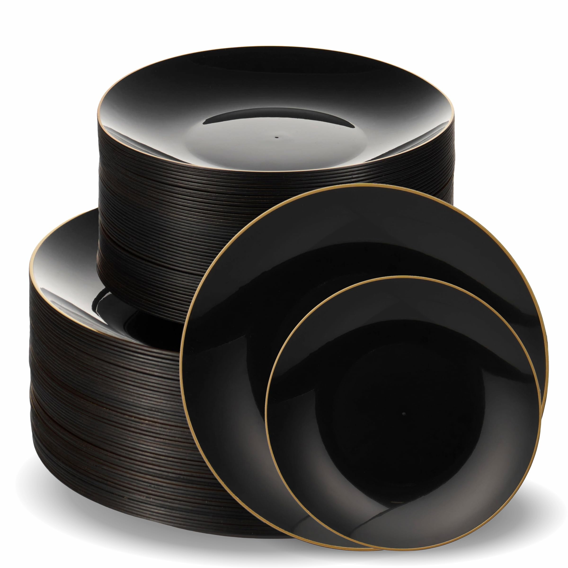 100 PCS Disposable Plastic IFF17 Black Plates Combo | In. Gold Rim ...