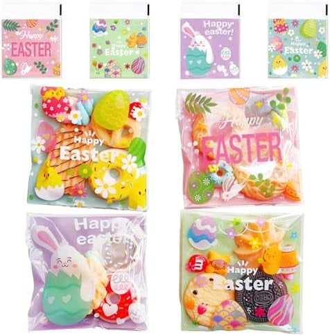 100 PCS Easter Candy Bags,Easter Bunny Self Adhesive Cookie Bags,4 ...