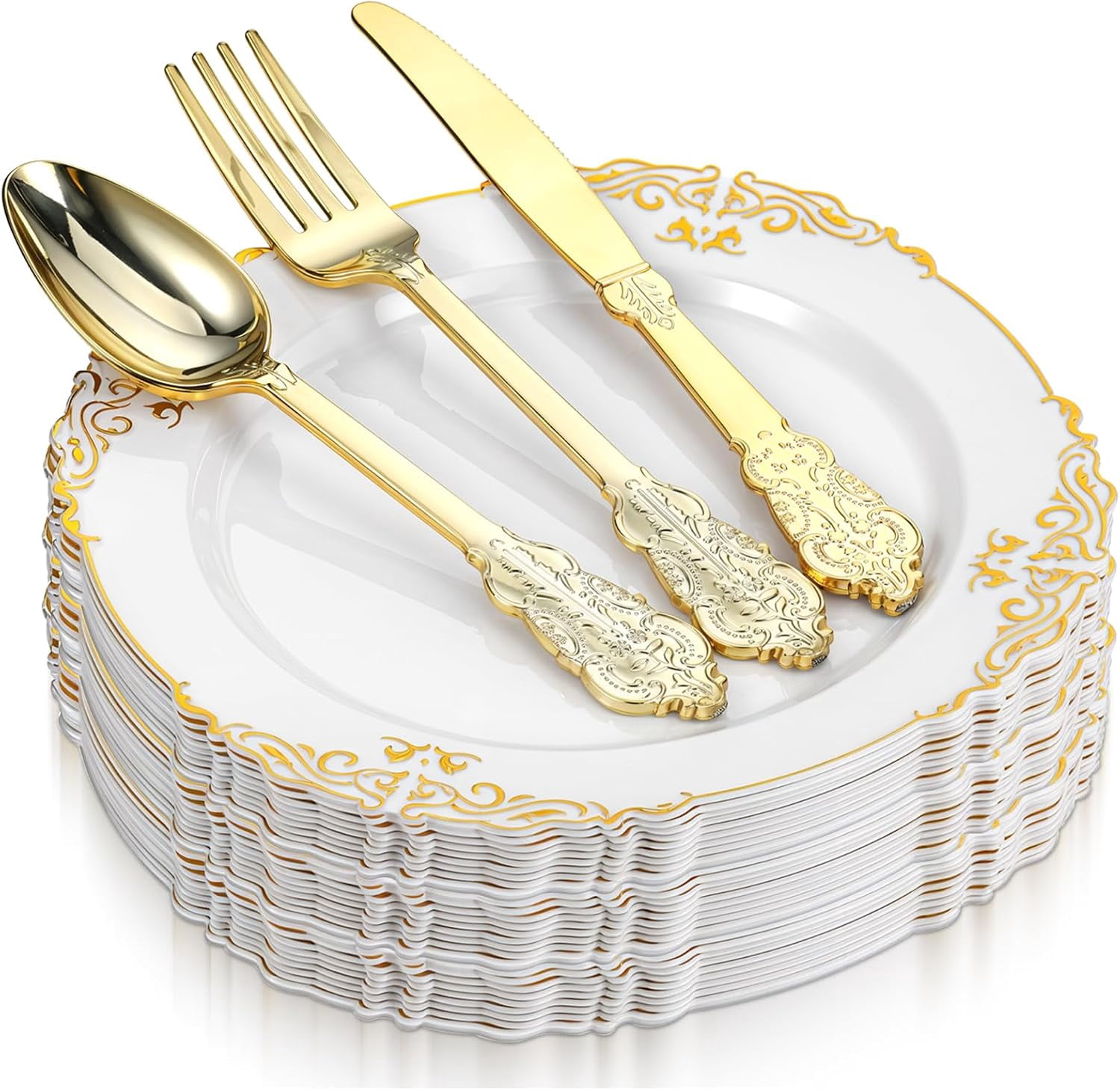 100 PCS Gold Plastic Plates for 25 Guests Disposable Dinnerware Sets ...