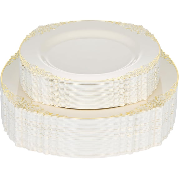 100 PCS Ivory and Gold Plastic Plates for 50 Guests, Gold Disposable ...