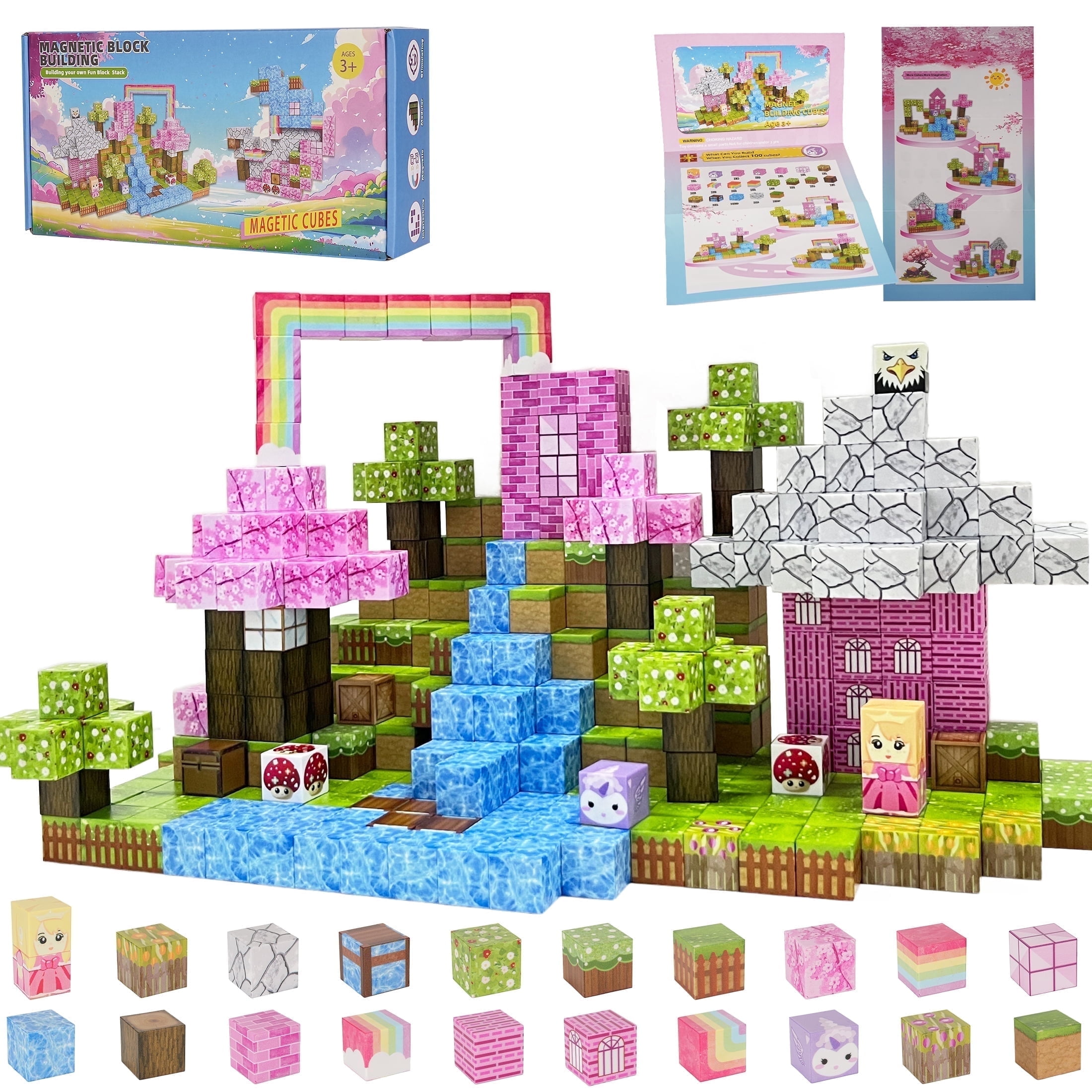Crtynell 100 PCS Magnetic Blocks- magnetic block Pink Castle Set for 3 ...