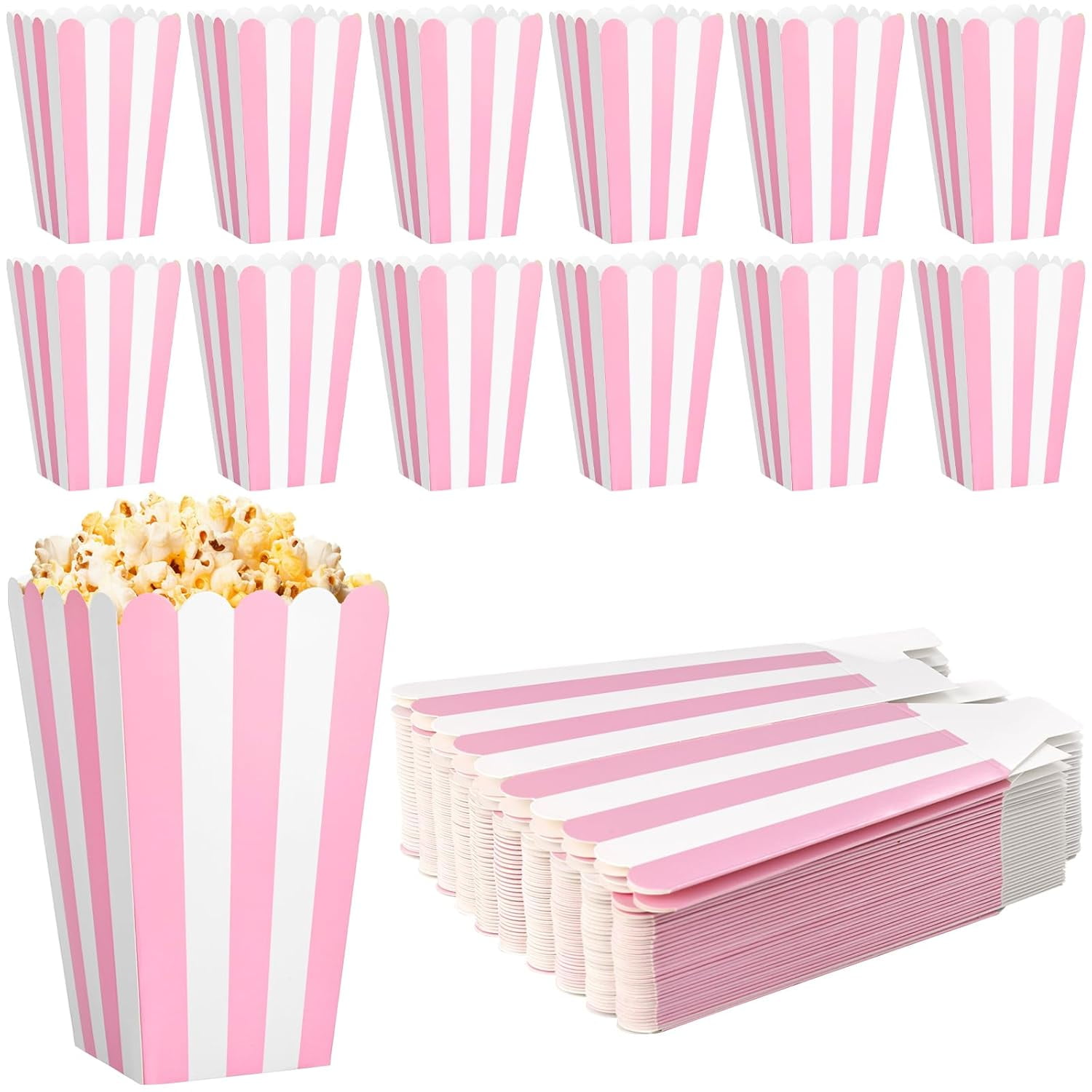 100 PCS Pastel Pink Popcorn Boxes, Small Pink and White Striped Paper ...
