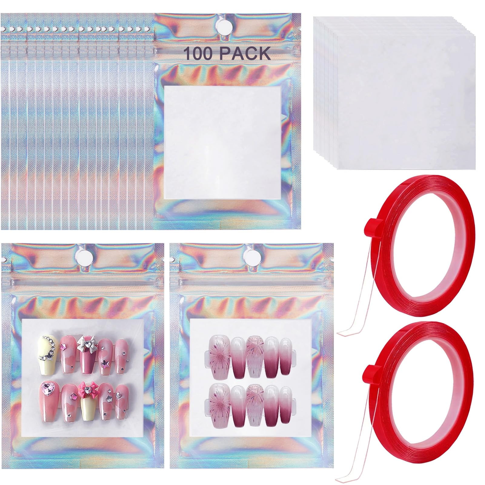 100 PCS Press on Nail Packaging Bag for Nail Tips Holographic Press On ...