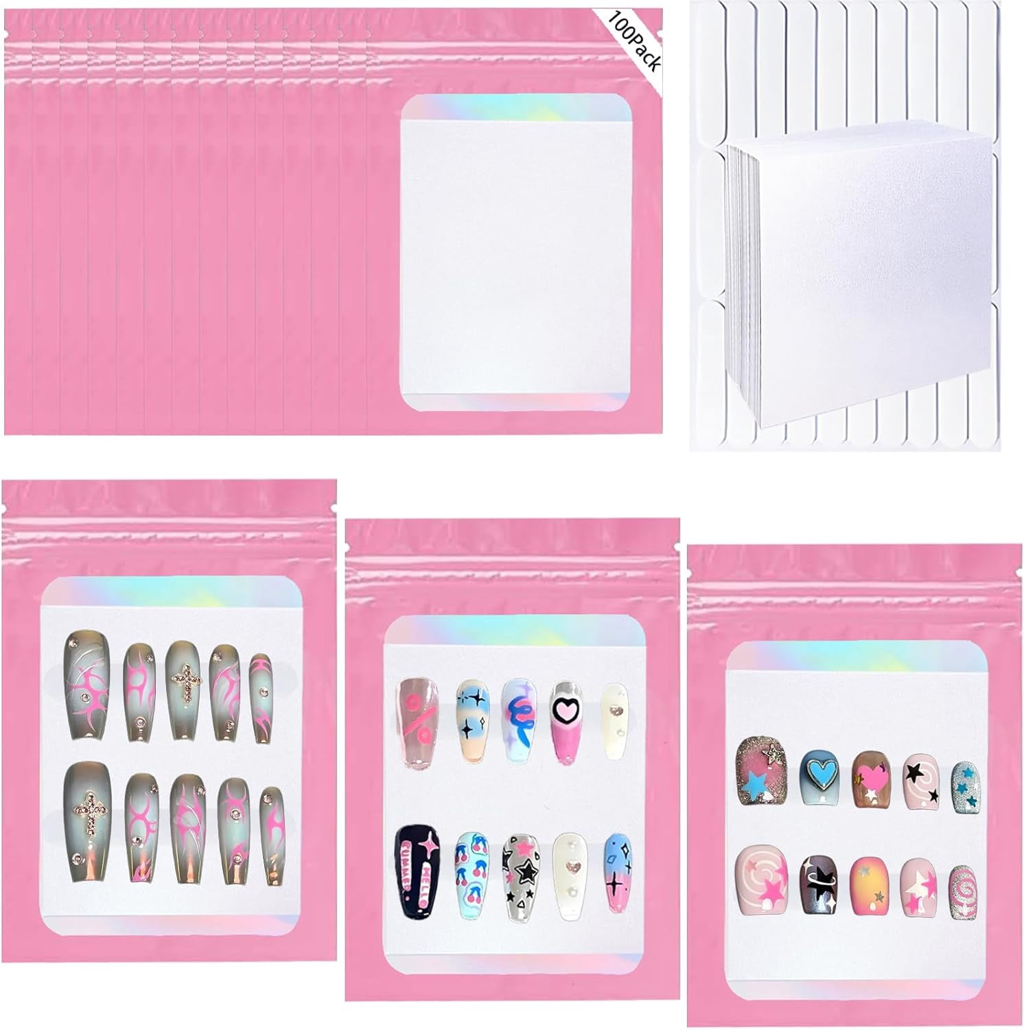 100 PCS Press On Nails Packaging Bag Holographic Nail Storage Bag and ...