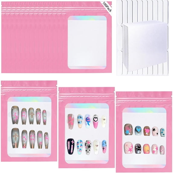100 PCS Press On Nails Packaging Bag Holographic Nail Storage Bag and ...