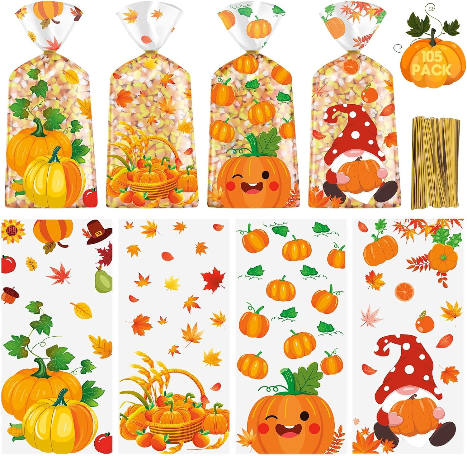 100 PCS Thanksgiving Treat Bags, Fall Thanksgiving Candy Bag Plastic ...