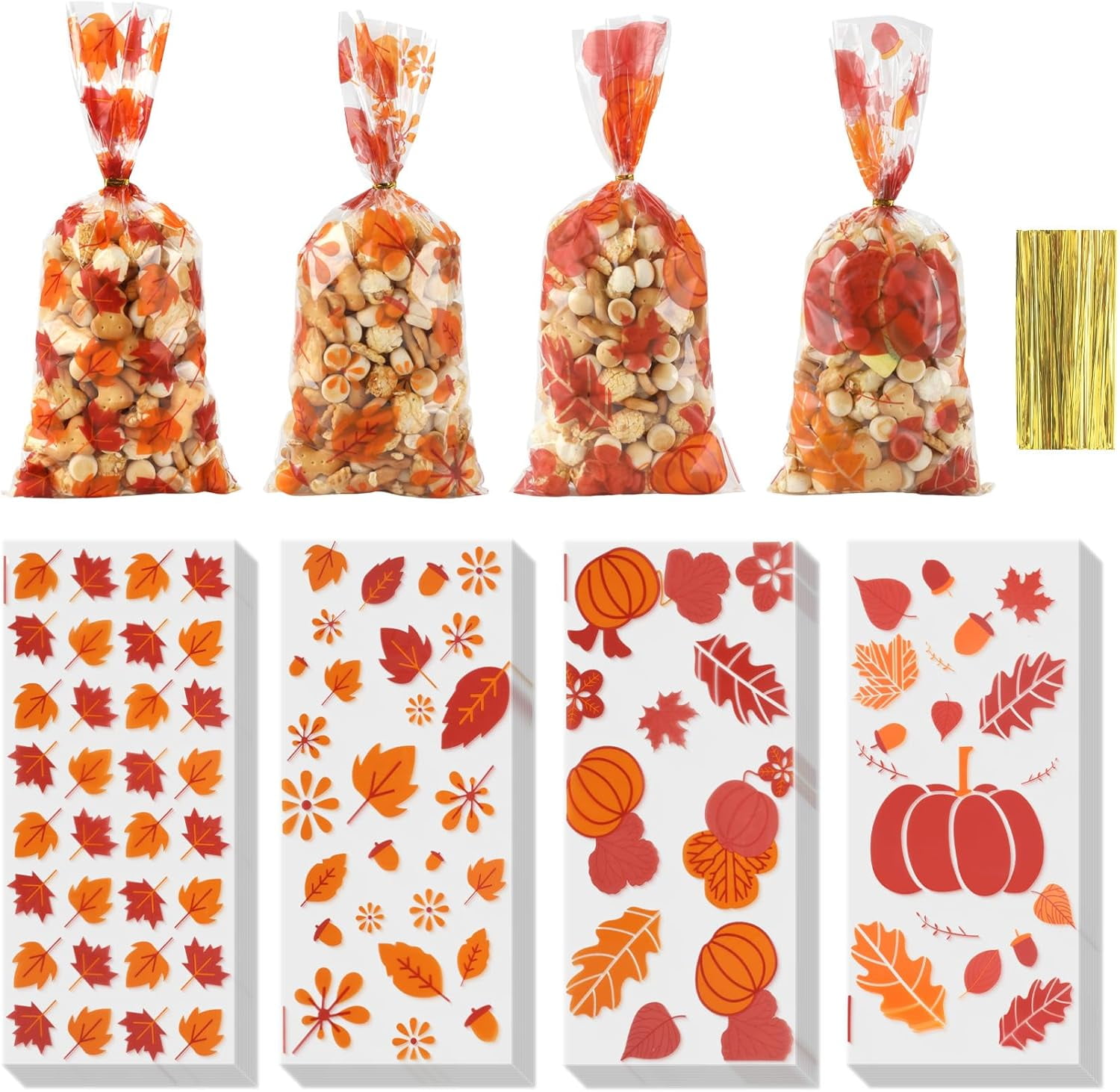 100 PCS Thanksgiving Treat Bags, Fall Thanksgiving Candy Bag Plastic ...
