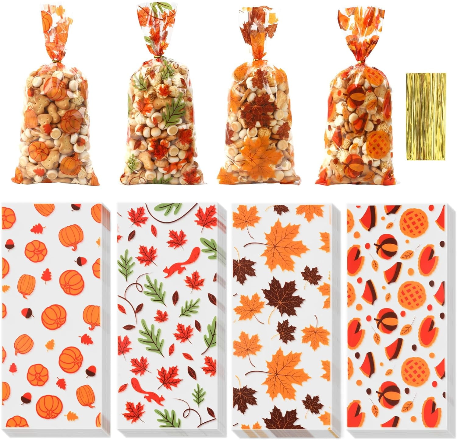 100 PCS Thanksgiving Treat Bags, Fall Thanksgiving Candy Bag Plastic ...