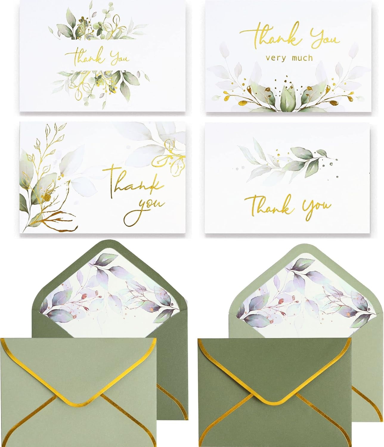 100 PK Luxurious Gold Thank You Cards with Envelopes Bulk Sage Green ...