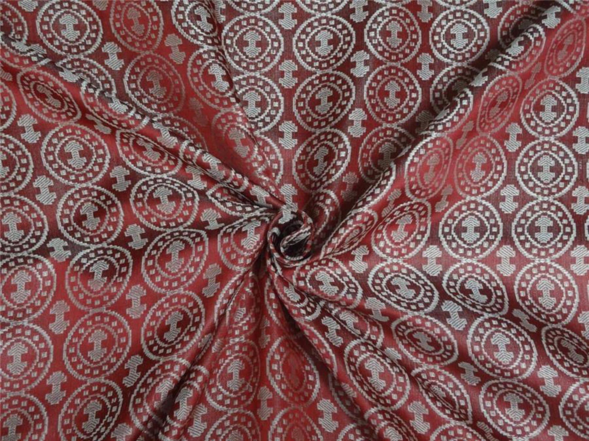 100% PURE SILK BROCADE fabric CHERRY RED X SILVER COLOR 44" wide BRO454 ...