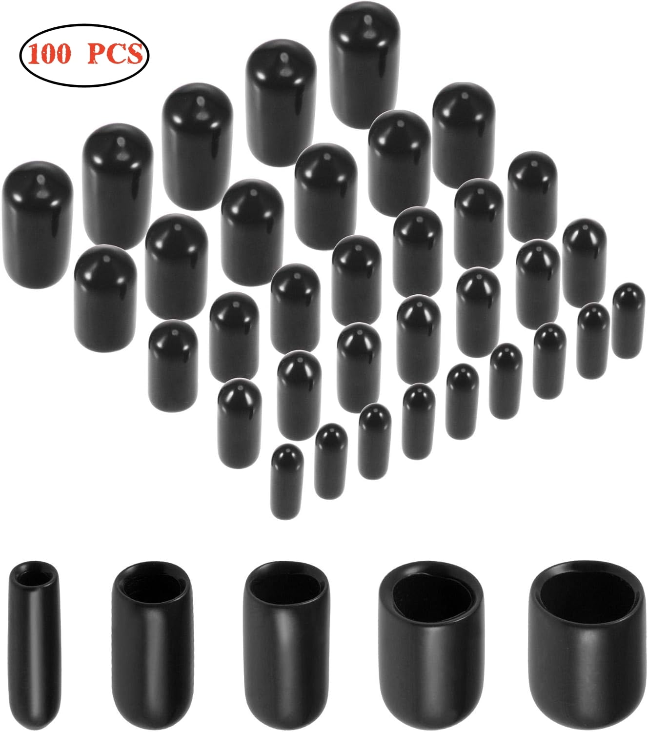 100 Pack 1/8" 3/16" 1/4" 5/16" 3/8" ID Black Screw Thread Protectors ...