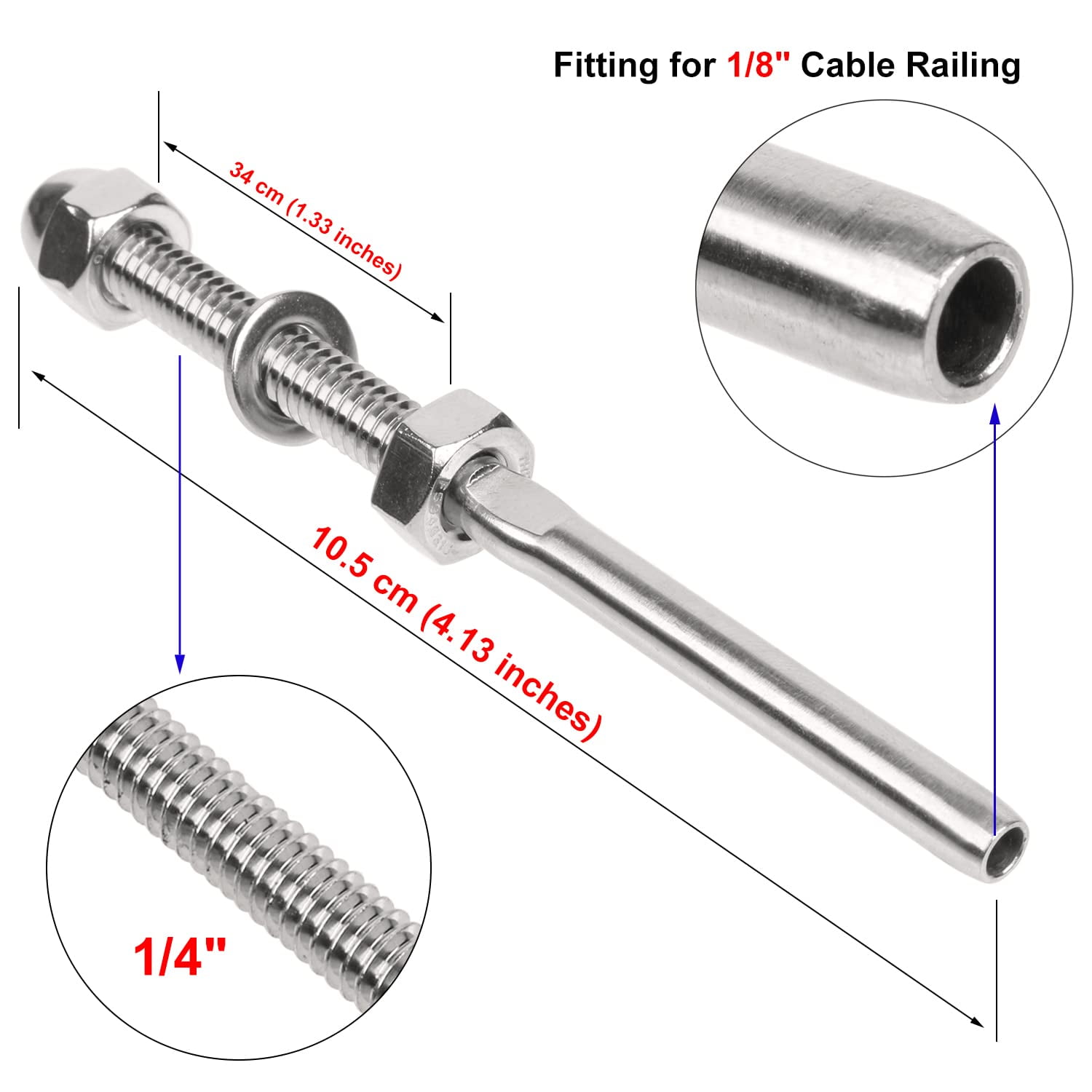 100 Pack 1/8" Cable Railing Swage Threaded Stud Tension End Fitting ...