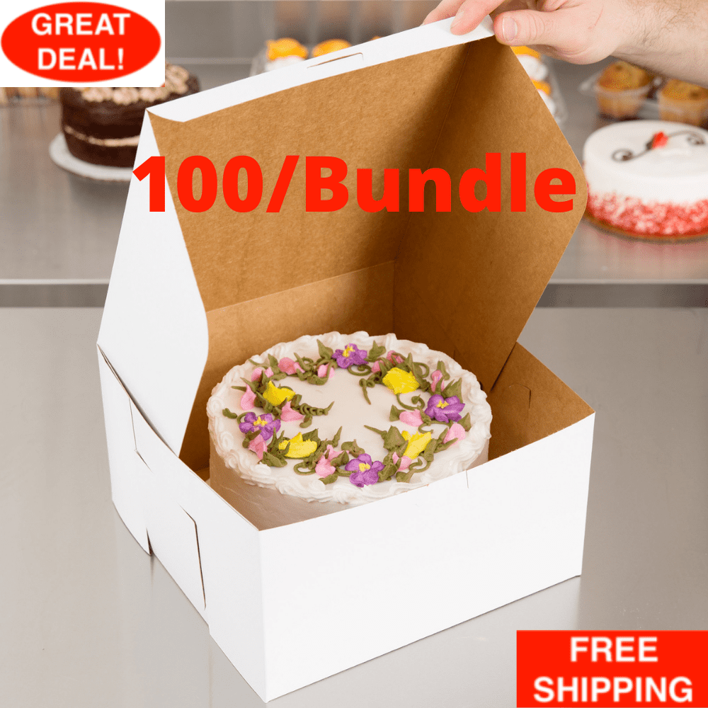 100 Pack 10" x 10" x 5" White Square Paperboard Cake Bakery Box ...