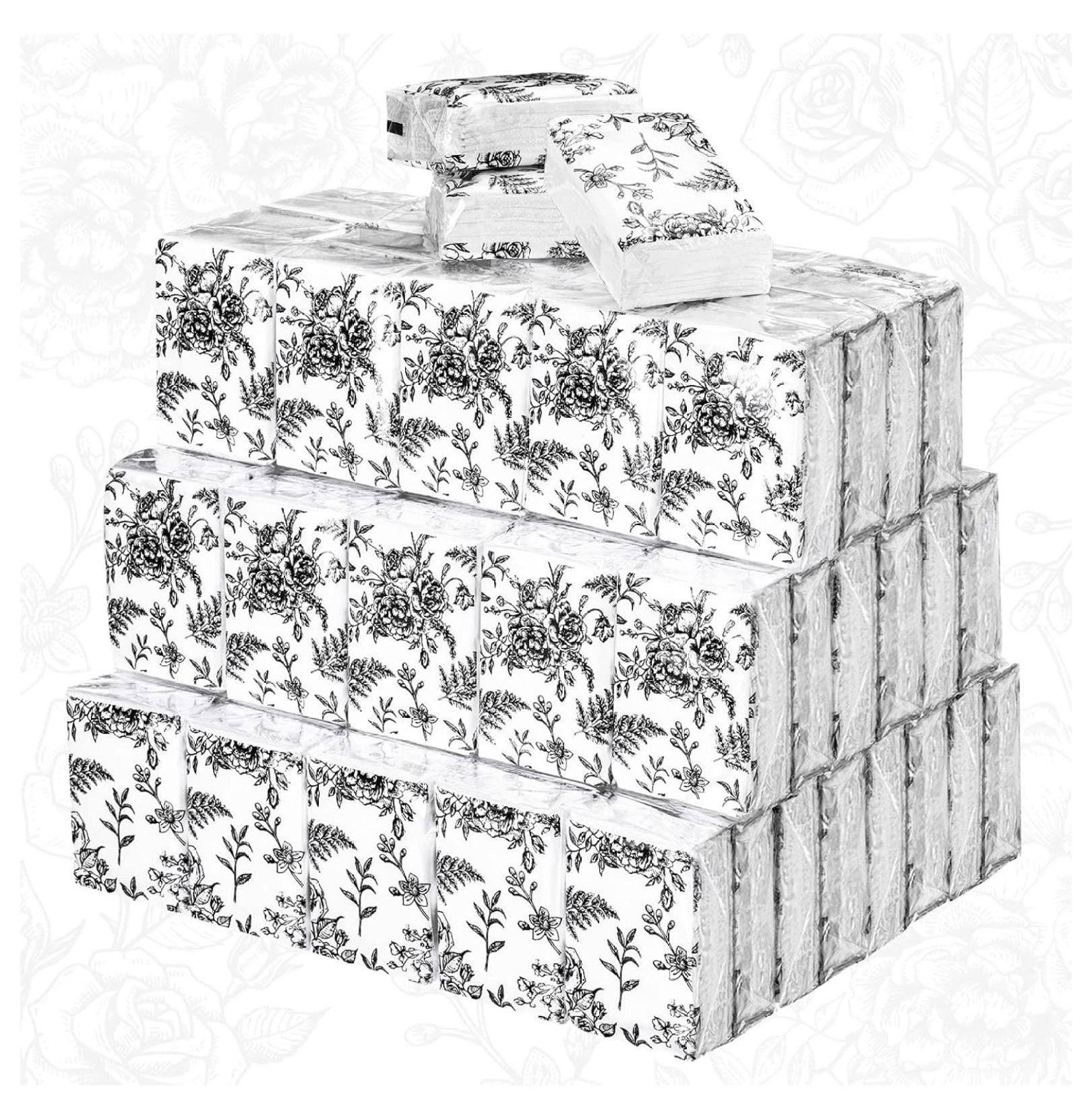 100 Pack 1000 Pcs Travel Size Tissues Bulk 2 Ply Black Floral Small ...