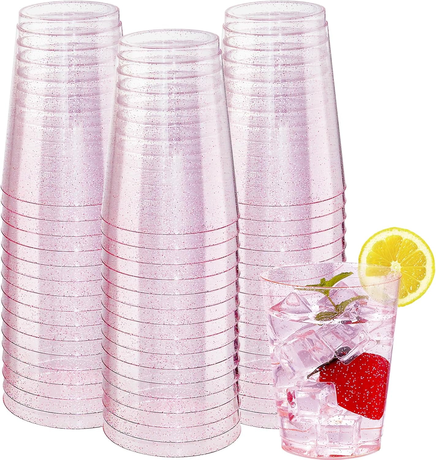 100 Pack 10oz Pink Plastic Cups, Premium Disposable Rose Gold Glitter ...