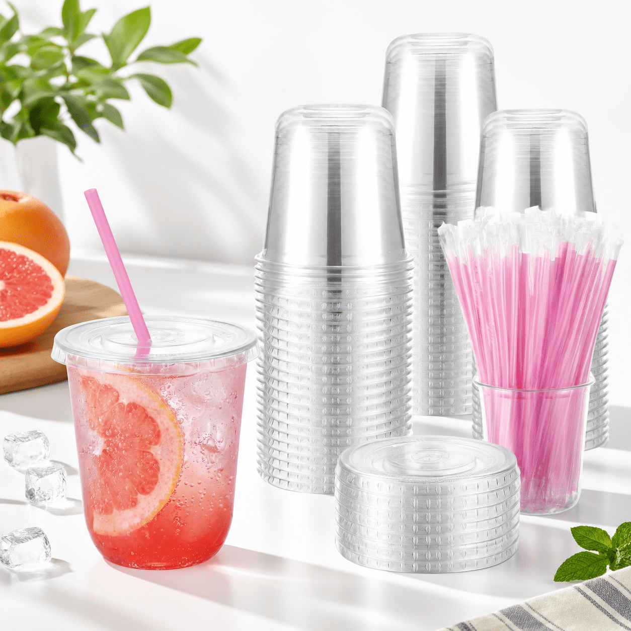 100 Pack 12 Oz Plastic Cups With Lids Straws Iced Coffee Pink - Walmart.com