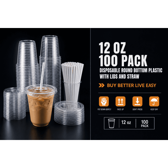 100 Pack 12 Oz Plastic Cups With Lids Straws Iced Coffee Pink - Walmart.com