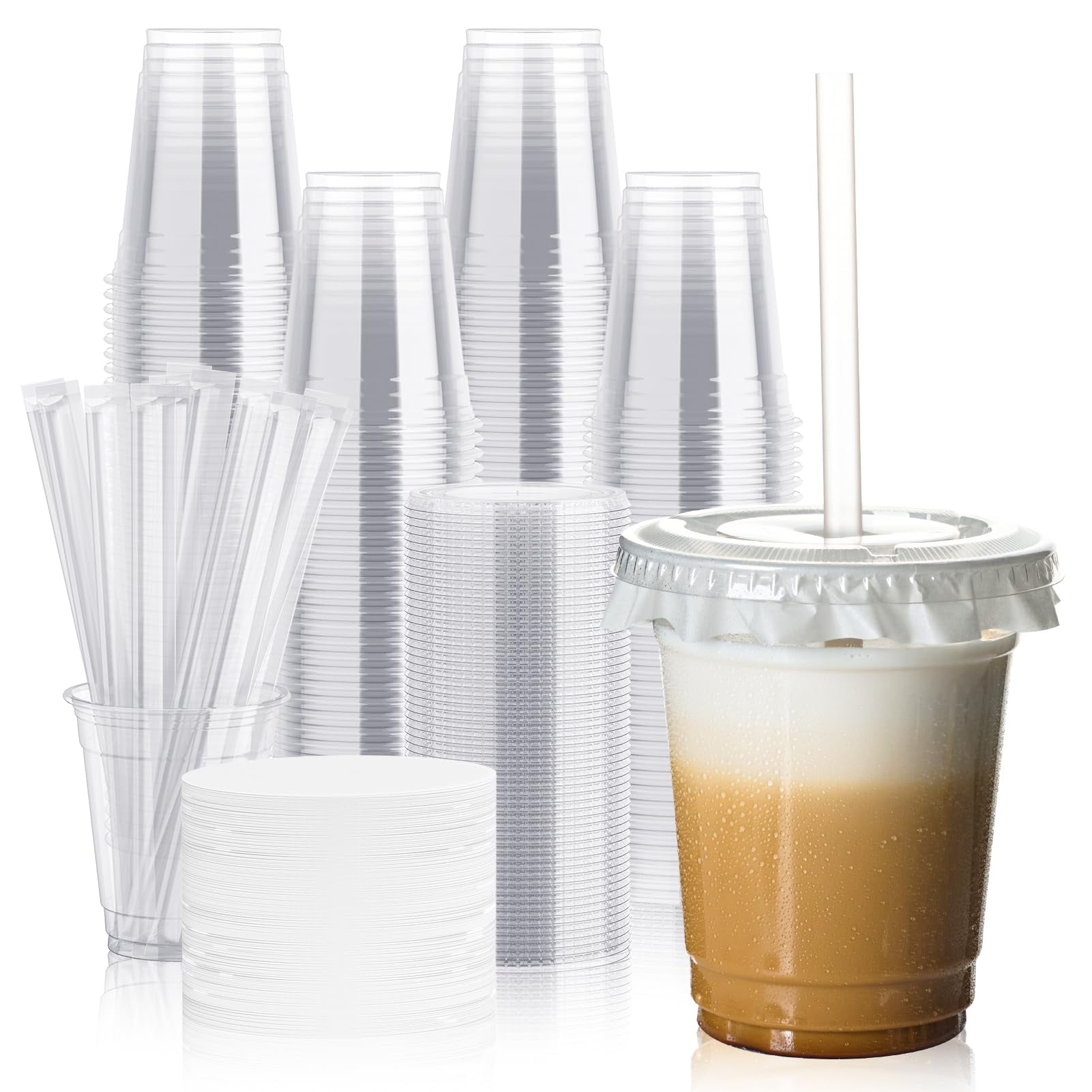100 Pack 12 Ozr Plastic Cups With Lids And Straws Disposable Iced ...