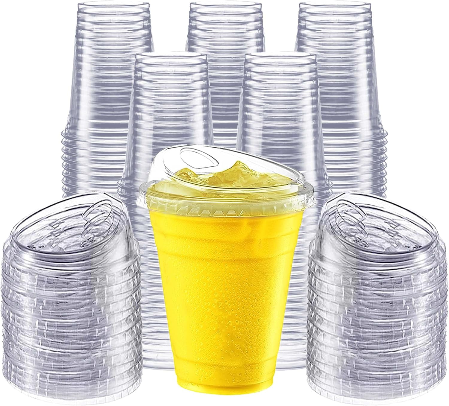 100 Pack 12 oz Clear Plastic Cups with Strawless Sip-Lids, Disposable ...