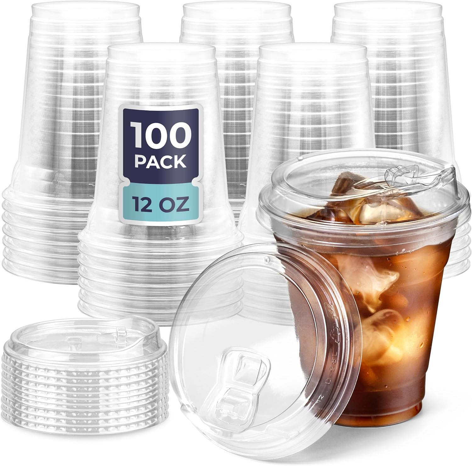 100 Pack 12 oz Clear Plastic Cups with Strawless Sip Lids, Disposable ...