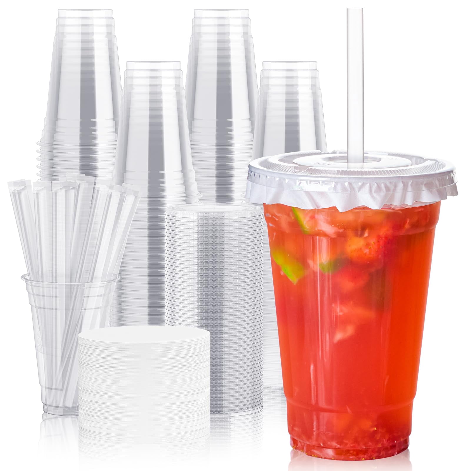 100 Pack 12 oz Clear Plastic Cups with Lids and Straws Disposable Cold ...