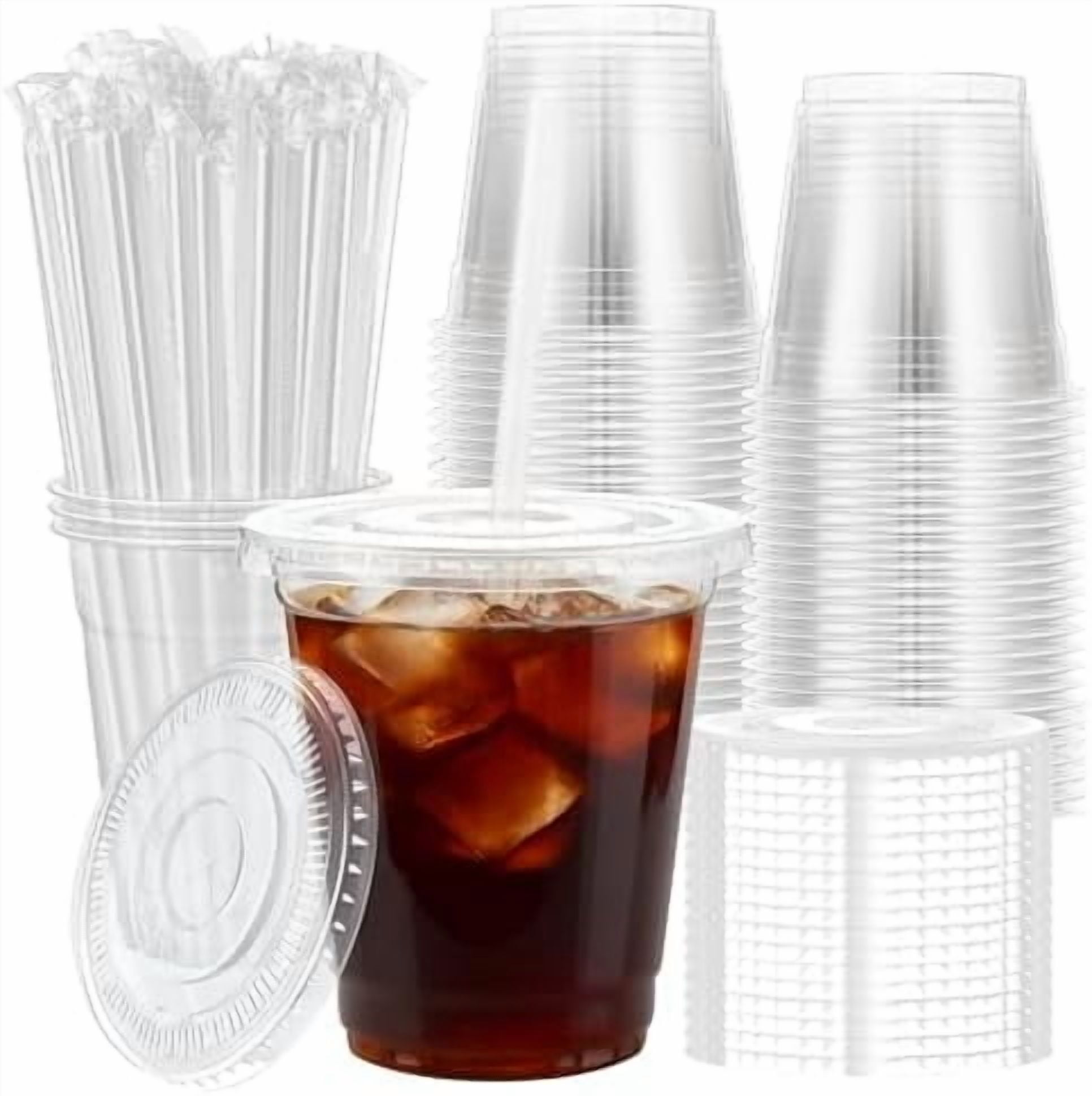 100 Pack 12 oz Clear Plastic Cups with Lids and Straws, Disposable Iced ...