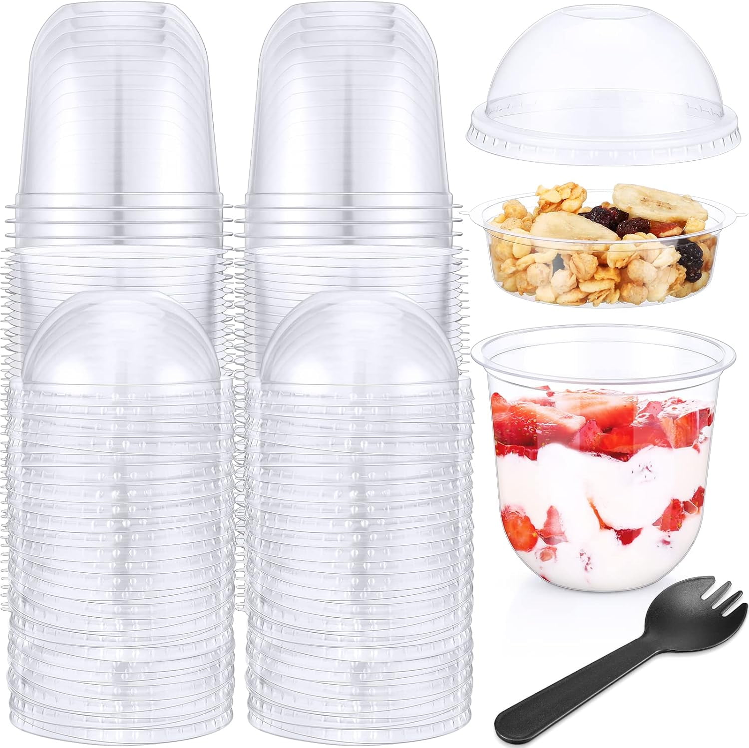 100 Pack 12 oz Clear Plastic Parfait Cups with Dome Lids No Hole ...