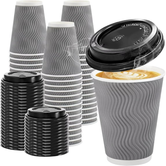 100 Pack 12 oz Disposable Coffee Cups with Lids, Insulated Ripple Wall ...