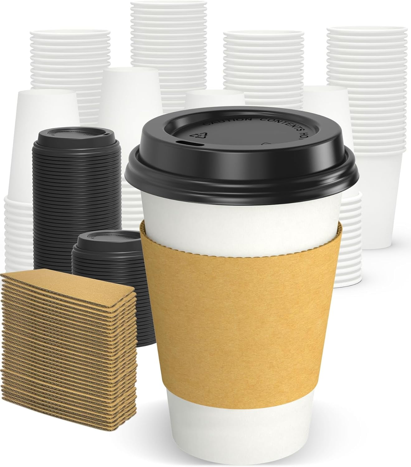 100 Pack 12 oz Disposable Coffee Cups with Lids and Sleeves, Sturdy ...