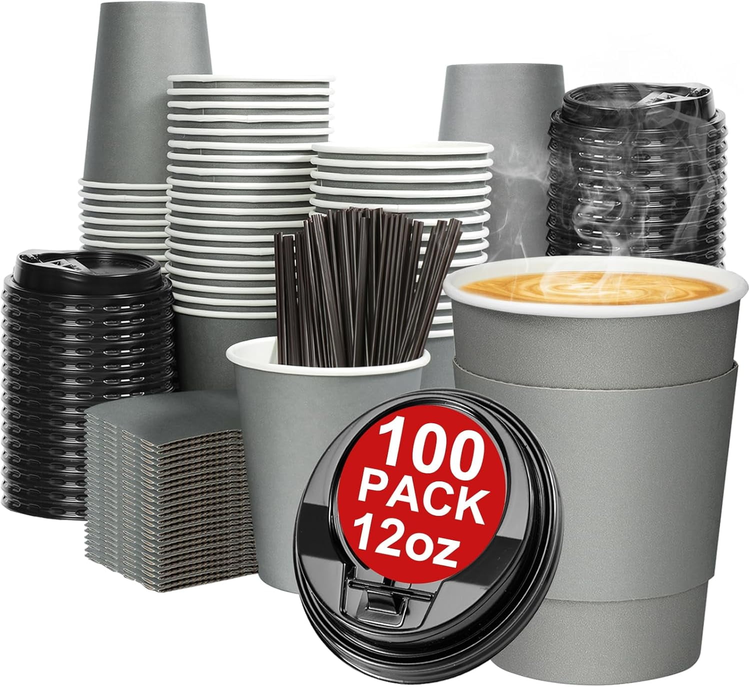 100 Pack 12 oz Disposable Paper Coffee Cups with Lids, Sleeves, and ...