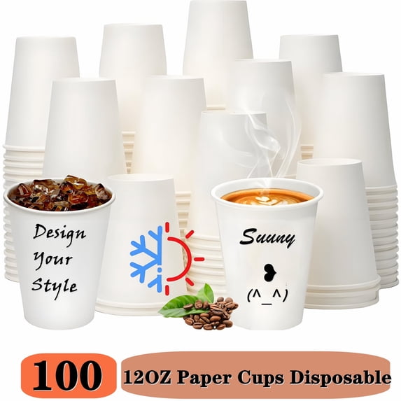 LONGOMA Disposable Coffee Cups, 100 Pack, 12 oz White Paper Cups, Food ...