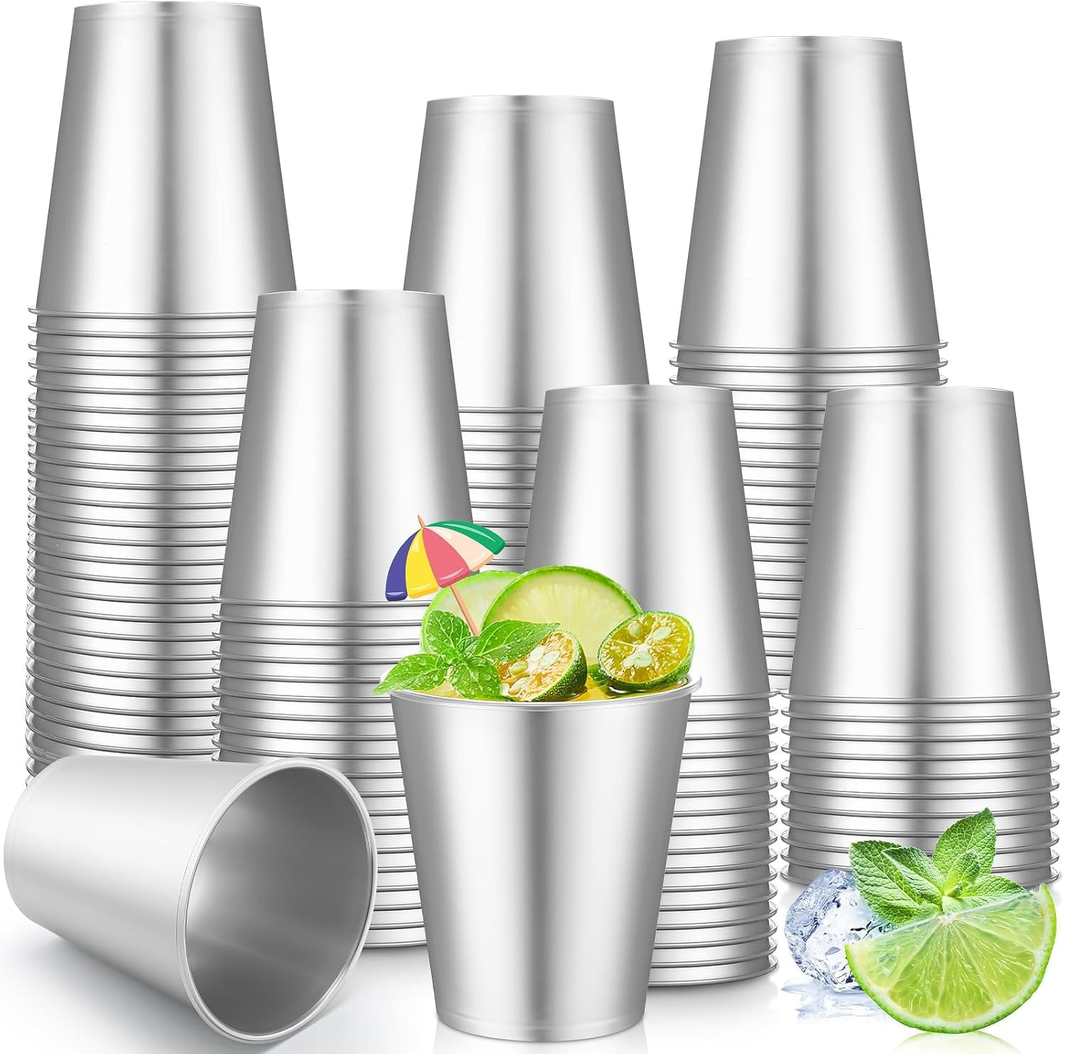 100 Pack 12 oz Disposable Plastic Cups Aluminum Party Tumbler Stackable ...