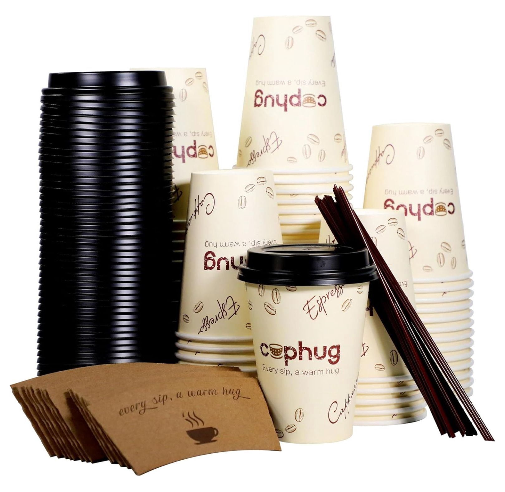 100 Pack 12 oz Double Wall Disposable Paper Coffee Cups with Lids ...