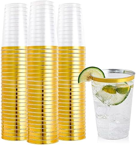 100 Pack 12 oz Gold Rimmed Plastic Cups, 12 Ounce Clear Plastic ...