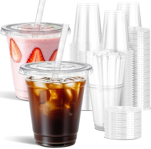 100 Pack 12 oz Plastic Coffee Cups with Lids and Straws, Disposable ...