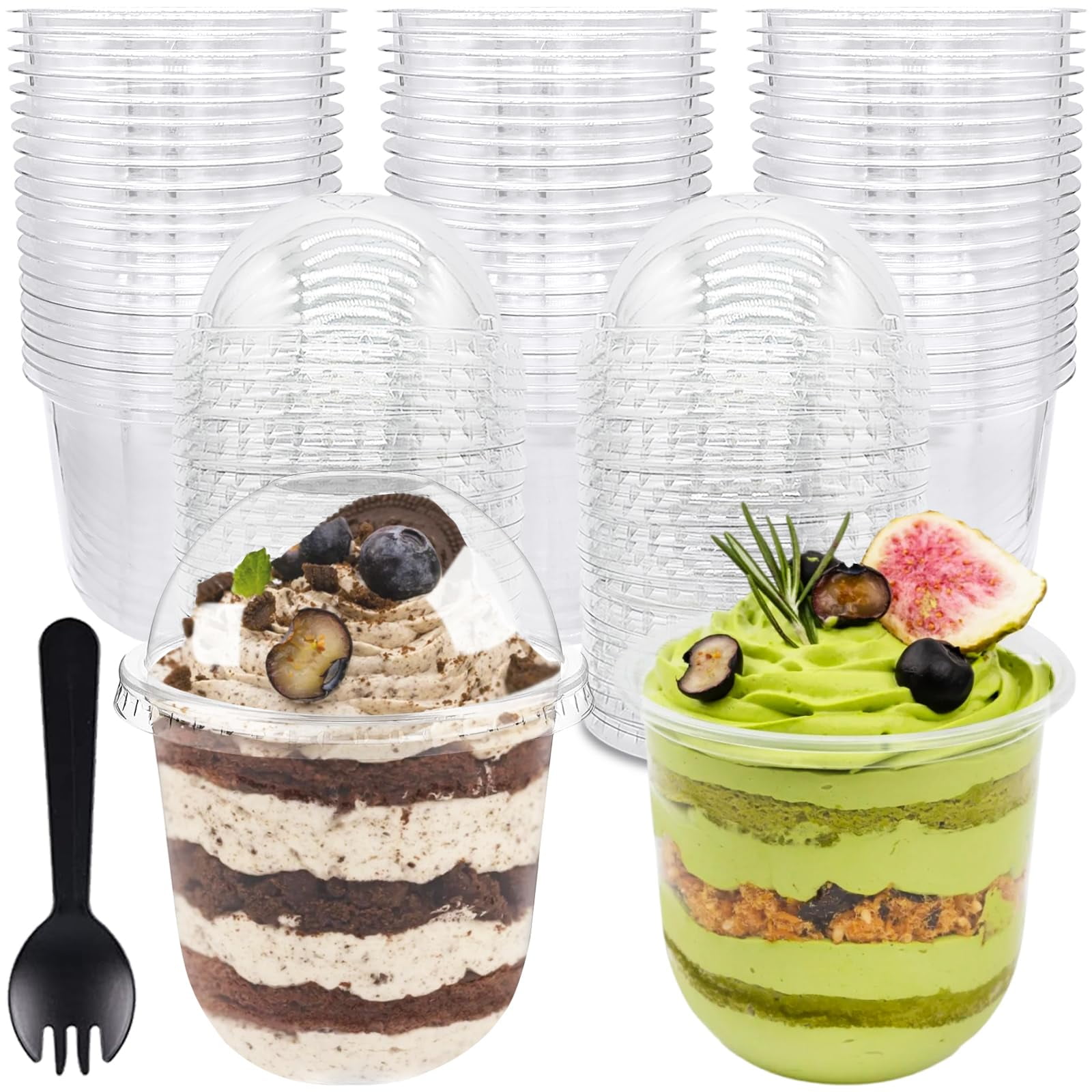 100 Pack 12OZ Clear Plastic Cups with Dome Lids and Sporks, Disposable ...